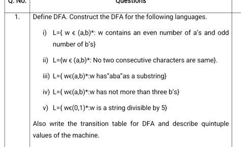 Define Dfa And Construct Dfa As Per Given Language Conditions Define Dfa