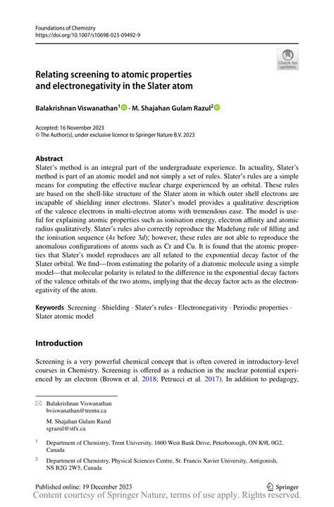 Relating Screening To Atomic Properties And Electronegativity In The