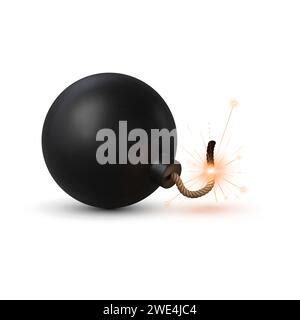Round dynamite bomb realistic set with images of vintage bombs with burning fuse on transparent ...