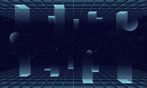 신스웨이브 와이어프레임 그물 그림 추상 디지털 배경입니다 80 년대 90 년대 복고풍 미래주의 복고풍 웨이브 사이버 그리드 상단 및 하단 표면 네온 불빛이 빛납니다 별이