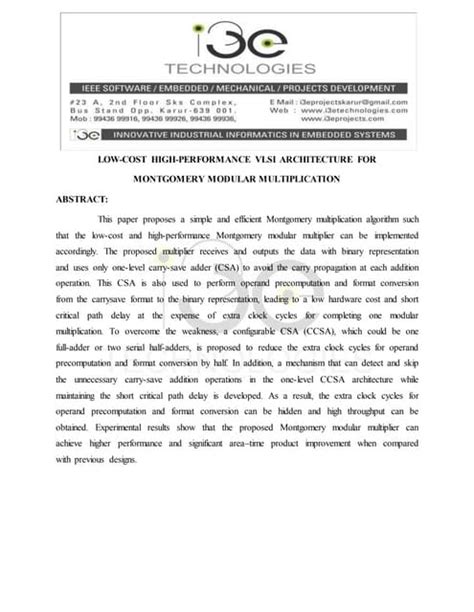 Low Cost High Performance Vlsi Architecture For Montgomery Modular Multiplication Pdf