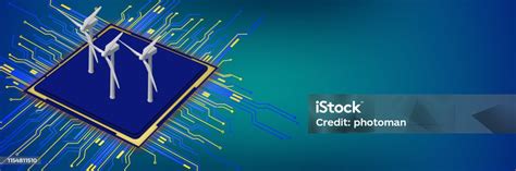 생태 환경 및 기술을 가진 녹색 개념 Cpu와 컴퓨터 회로 배경을 가진 3d 바람 발전기 이미지 0명에 대한 스톡 사진 및 기타 이미지 Istock