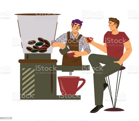 남성 바리스타는 커피와 그의 고객 고립 된 평면 만화 벡터 일러스트레이션을 준비합니다 마시기에 대한 스톡 벡터 아트 및 기타