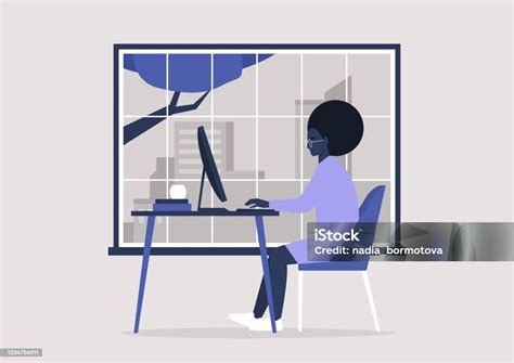 사무실에서 일하는 젊은 흑인 여성 캐릭터 창 도시 경관 직장에서 밀레니엄 세대 모던 양식에 대한 스톡 벡터 아트 및 기타 이미지