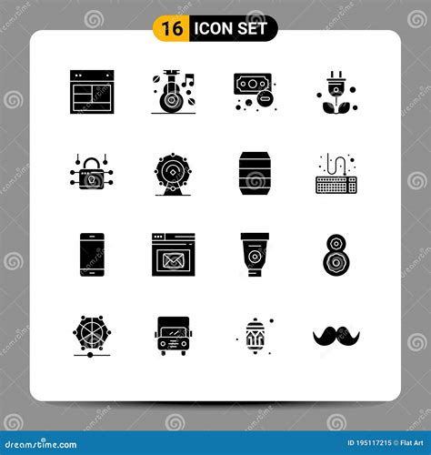 Set Of 16 Vector Solid Glyphs On Grid For Science Tree Medicine Plug Finance Stock Vector