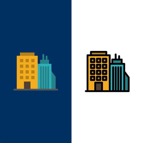 Building Office Tower Head Office Icons Flat And Line Filled Icon Set Vector Blue Background