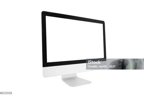 흰색 배경에 격리 단순 빈 화면 데스크톱 컴퓨터 현대적인 스타일 비즈니스 하드웨어 컴퓨터 개체 및 기술 전자 개념의 작업에 대한 넓은 화면을 모니터링합니다 0명에 대한 스톡