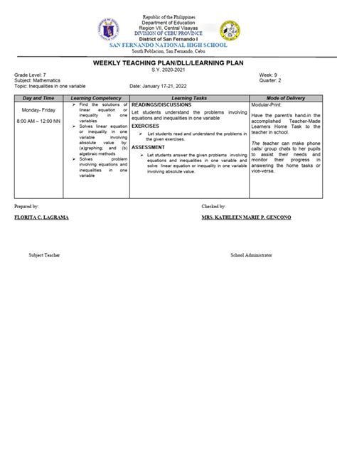 Q2 Week 9 Weekly Teaching Plan Pdf Equations Mathematical Concepts