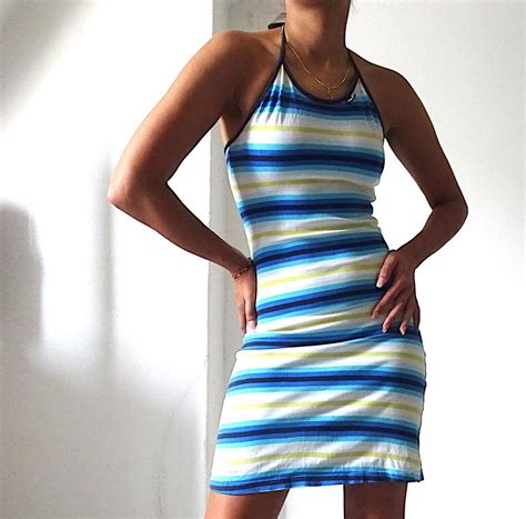 2000s Vintage Naf Naf Blue Striped Backless Dress Y2k Made In