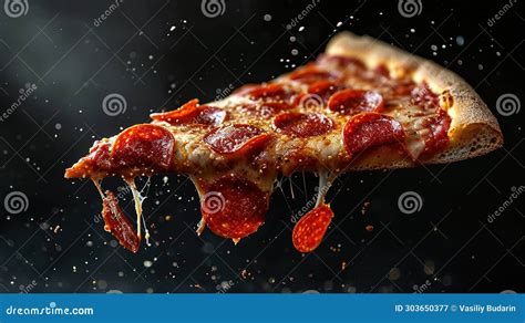 A Flying Slice Of Pepperoni Pizza With Stretching Cheese On A Black