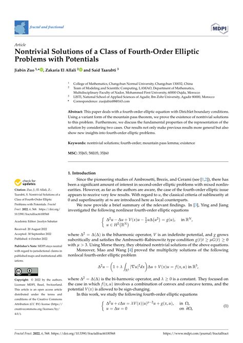Pdf Nontrivial Solutions Of A Class Of Fourth Order Elliptic Problems With Potentials