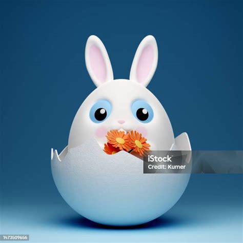 3d 큰 파란 눈을 가진 작은 귀여운 흰 토끼와 함께 행복한 부활절 배너 3차원 형태에 대한 스톡 사진 및 기타 이미지 3차원 형태 4월 개념 Istock