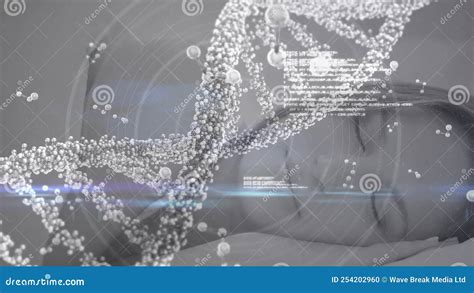 Animation Of Floating Nucleotides And Dna Molecule Over Beautiful Caucasian Woman Sleeping On