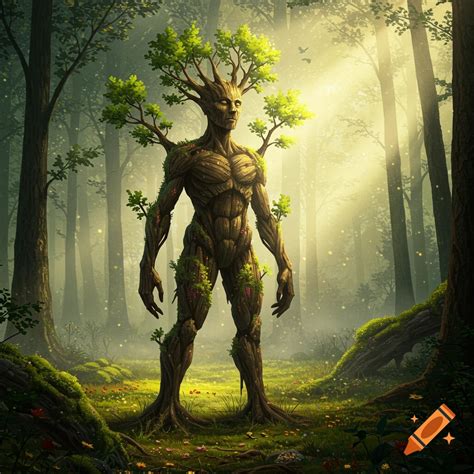 A Humanoid Tree Creature With Branches And Leaves On Its Head And