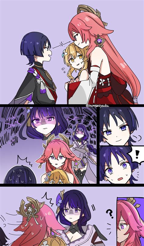 Raiden Shogun Lumine Yae Miko And Scaramouche Genshin Impact Drawn By Kuromu Shado Danbooru