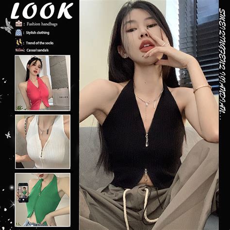 Free Gift Sexy V Neck Halter Neck Knitted Camisole Women S Short Sleeveless Zipper Top