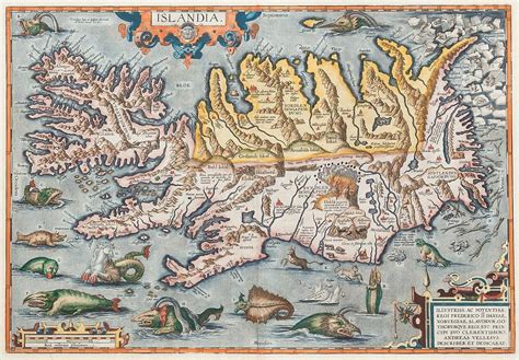 A Map Of Iceland Created Around 1585 Featuring Various Sea Monsters
