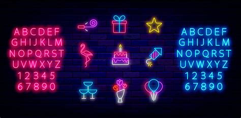 생일 축하 네온 아이콘 컬렉션 선물 플라밍고 및 꽃다발 반짝이는 파란색과 분홍색 알파벳 벡터 일러스트 레이 션 네온에 대한 스톡 벡터 아트 및 기타 이미지 Istock