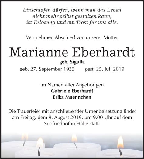 Traueranzeigen Von Marianne Eberhardt Abschied Nehmende