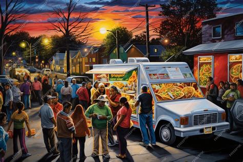 Premium Photo A Taco Truck Parked On A City Street With A Line Of