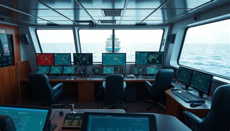 Ship Bridge Interior With Ocean View Navigation Equipment And Control