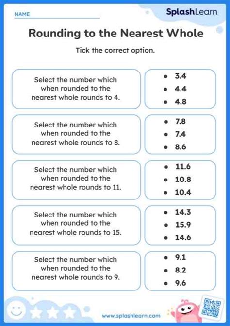 Round Decimals To The Nearest Whole And Select The Correct Number — Printable Math Worksheet