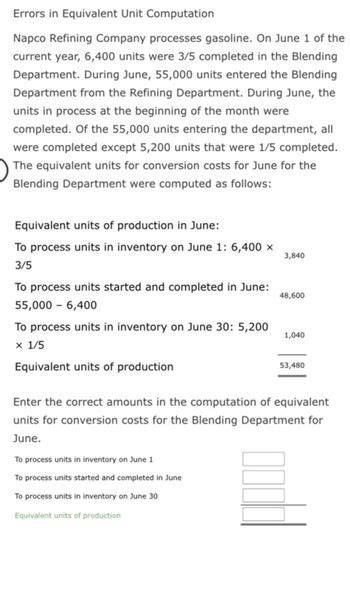 Answered Errors In Equivalent Unit Computation Napco Refining Company