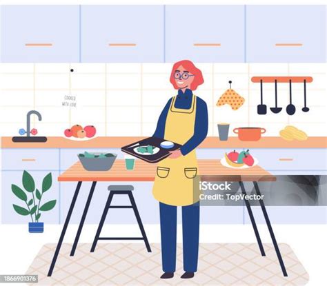 채식 음식을 요리하는 사람들 벡터 일러스트 레이 션입니다 부엌에서 수제 식사를 요리하는 귀여운 소녀 가구에 대한 스톡 벡터 아트 및 기타 이미지 Istock