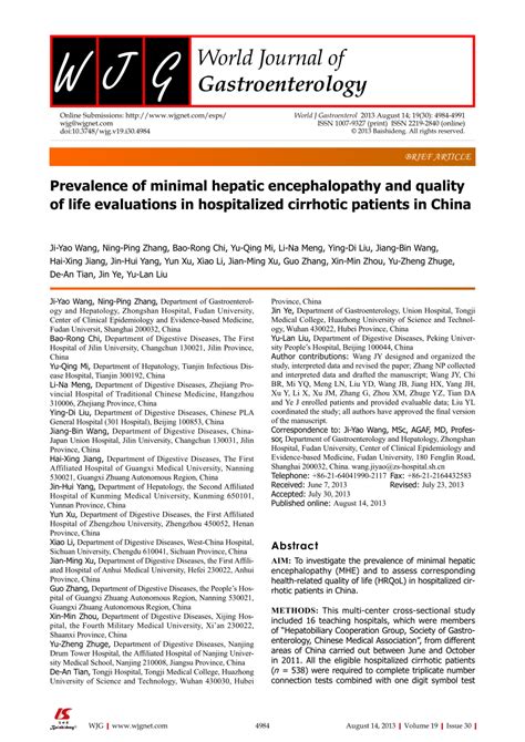 Pdf Prevalence Of Minimal Hepatic Encephalopathy And Quality Of Life Evaluations In