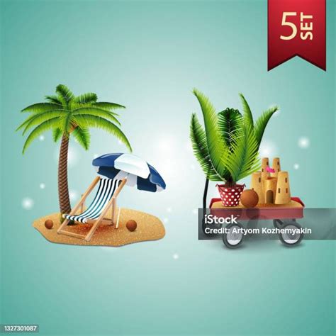 당신의 예술 야자수 해변 의자 해변 우산 모래 모래 성 및 화분에 심은 야자수가있는 정원 카트를위한 3d 볼륨 여름 아이콘 세트 3차원 형태에 대한 스톡 벡터 아트 및 기타