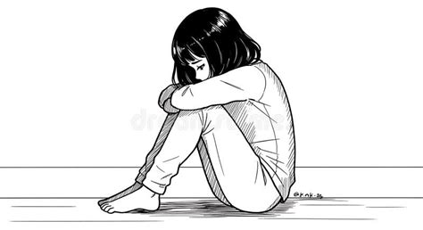 Girl Sitting Hugging Knees In Sadness Illustration Stock Illustration