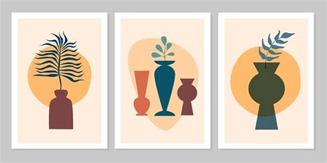 손으로 그린 세트 추상 보헤미안 포스터 열대 잎 색상 꽃병과 베이지 색 배경에 고립 된 모양 0명에 대한 스톡 벡터 아트 및