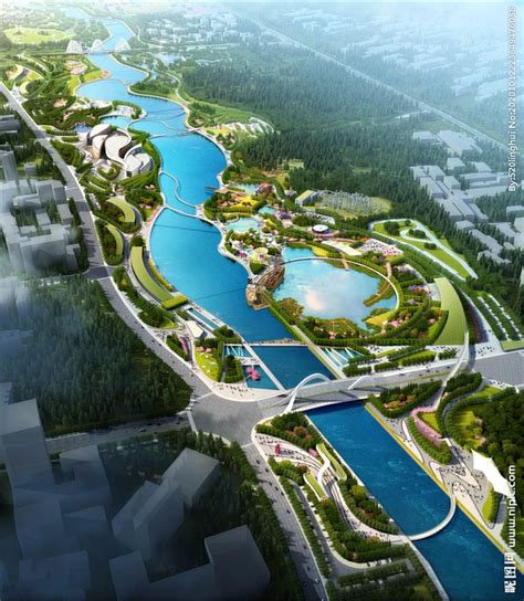 城市公园滨河景观 鸟瞰效果图 花瓣网