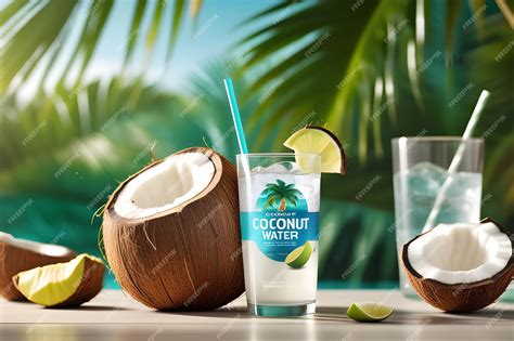 Coconut Milk Cocktail With Lime And Coconut On White Table Premium Ai