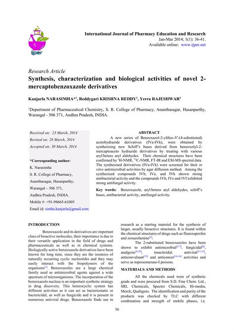 Synthesis Characterization And Biological Activities Of Novel 2 Mercaptobenzoxazole Derivatives