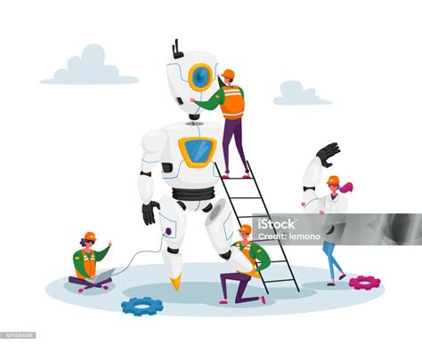 엔지니어 과학자들은 과학 실험실에서 프로그래밍 거대한 로봇을 만드는 작은 캐릭터 로봇 하드웨어 및 소프트웨어 인공지능에 대한 스톡 벡터 아트 및 기타 이미지 Istock