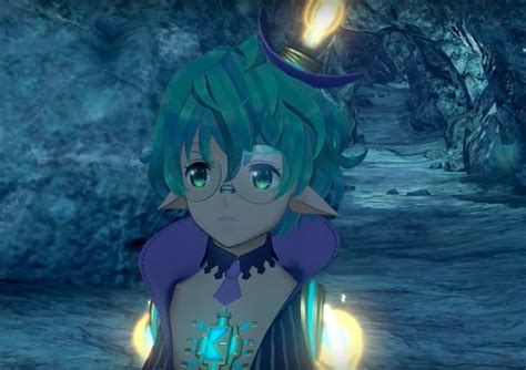 An Animated Image Of A Woman With Green Hair And Blue Eyes Sitting In The Middle Of A Cave