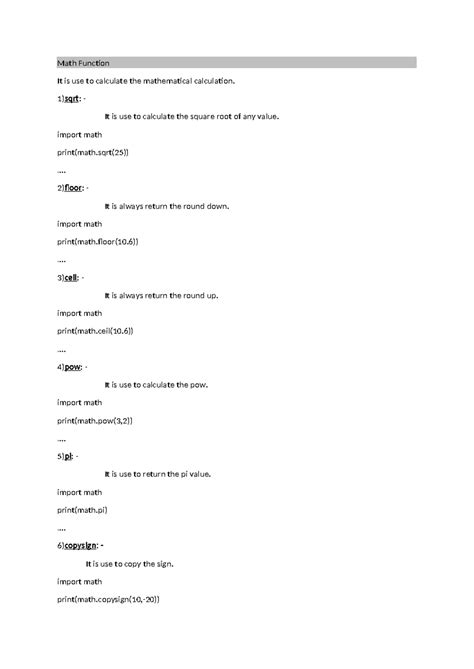 Math Functions Lecture Notes On Python Math Module Studocu
