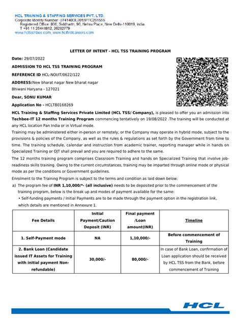 Hcl Techbee Offer Letter Hcltb0168269 Pdf