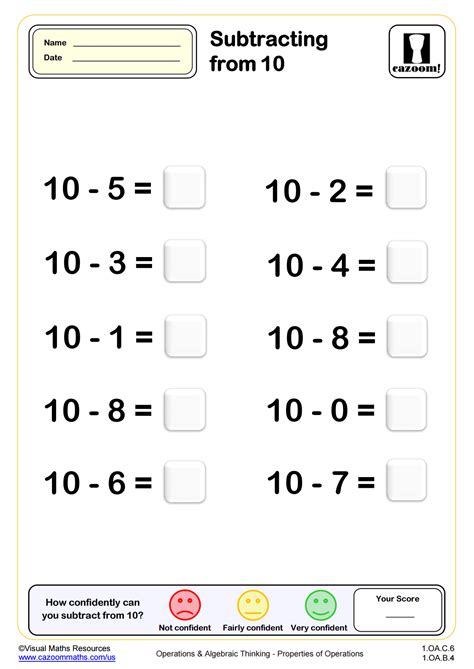 Subtracting From 10 Drills 10 Questions Pdf Printable
