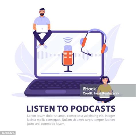 팟캐스트 컨셉 디자인을 들어보세요 헤드폰을 가진 사람들은 팟캐스트를 듣습니다 마이크와 헤드폰이 있는 노트북 화면 벡터 배너 그림입니다 교육에 대한 스톡 벡터 아트 및 기타