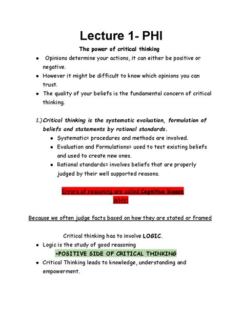 Phi 1101 Lecture Notes Lecture 1 Phi The Power Of Critical