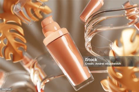 파운데이션 크림 3d 유리 펌프 병 물 파도와 황금 몬스테라 잎 메이크업을 위한 화장품 아름다움 제품이 있는 열대 배너 럭셔리