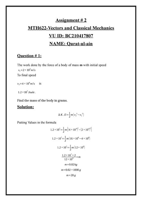 Assignment Mth Assignment MTH Vectors And Classical Mechanics VU ID BC NAME Studocu