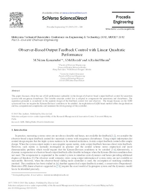 Pdf Observer Based Output Feedback Control With Linear Quadratic