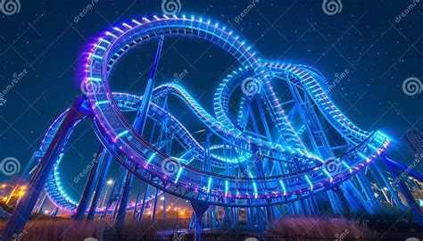 Bright Blue Rollercoaster Spinning In The Night Sky Exciting Fun Stock
