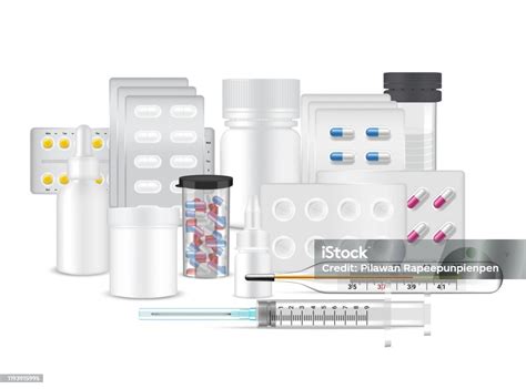 병 모의 최대 병원 도구 그리고 현실적인 캡슐 알 약 포장 온도계 및 발열 검사 디자인 벡터 일러스트레이트 주사기와 흰색 배경에