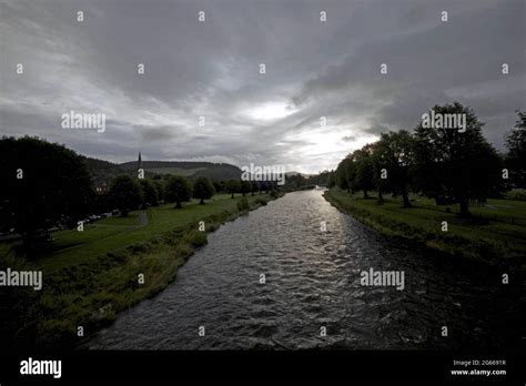 The River Tweed As Seen From The Tweed Bridge Peebles Scotland Stock