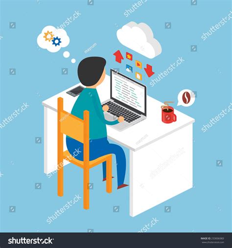 Illustration Of A Programmer Sitting At The Desk And Working On The