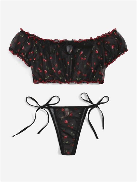 Kawaii X Gabiciamp Cherry And Strawberry Print Mesh Frill Tie Side Lingerie Set Shein Usa